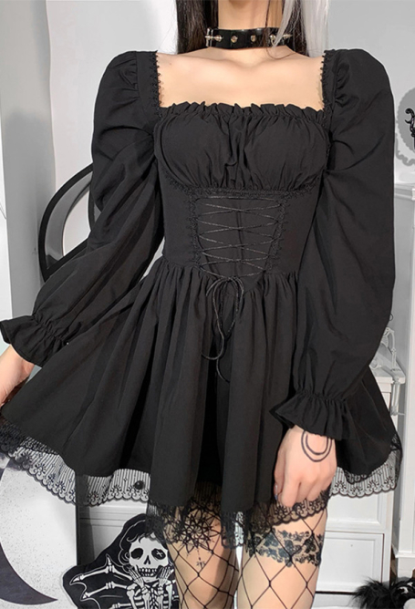 Women Gothic Dress - Lace Ruffled Off-the-shoulder Puff Sleeves Dress ...