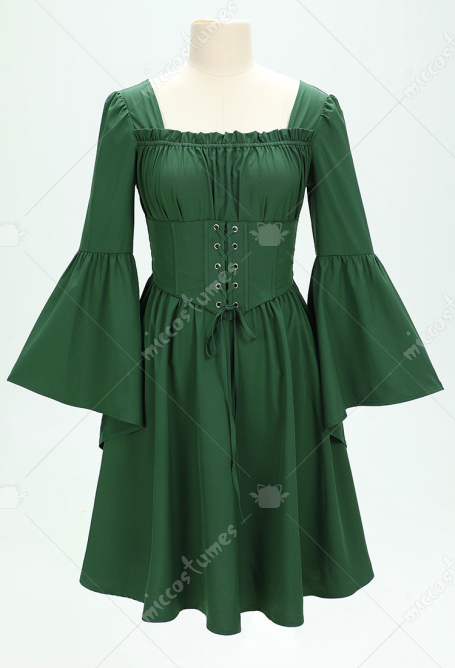 Women Green Medieval Dress Costume - Renaissance Square Neck Wide ...