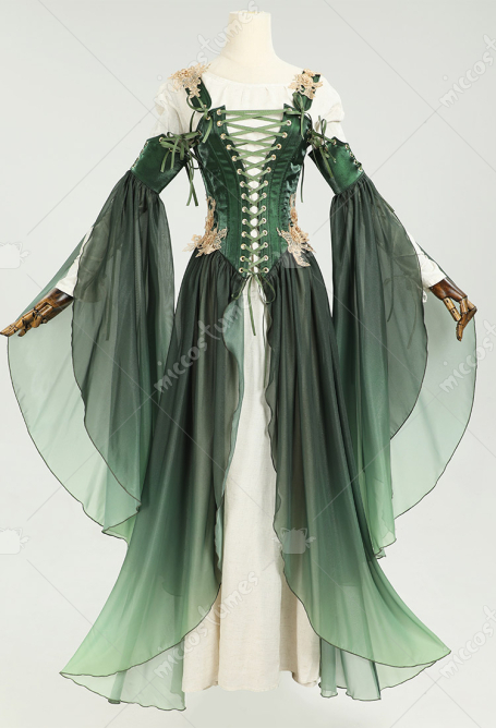 Women Medieval Renaissance Costume - Elf Style Green Dress with Sleeves ...