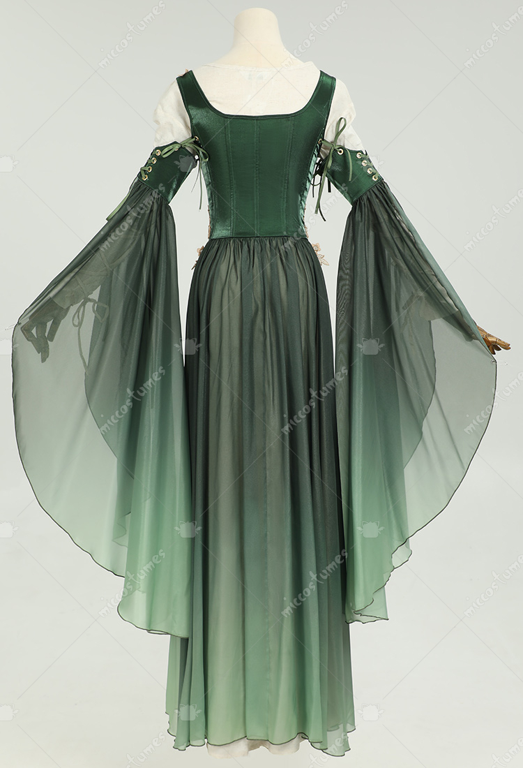 Women Medieval Renaissance Costume - Elf Style Green Dress with Sleeves ...