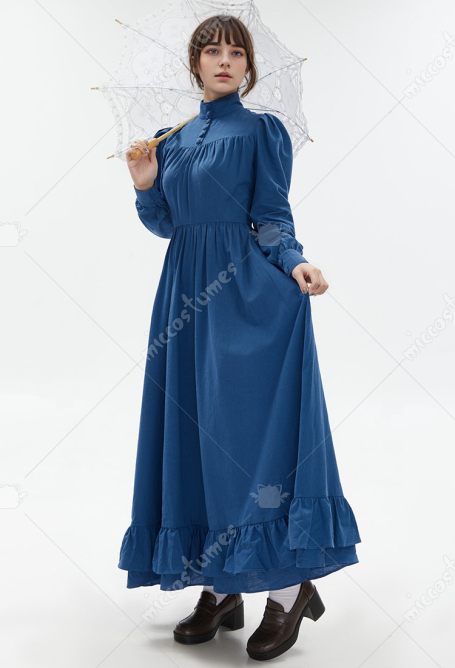 Women Medieval Renaissance Style Long Dress Costume - Blue Puff Sleeves ...