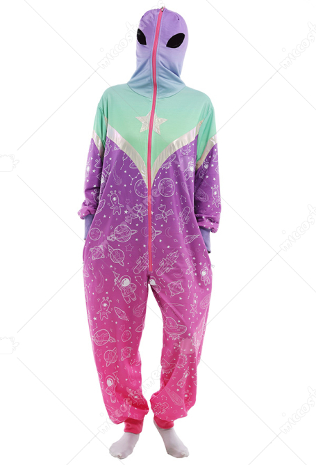 Alien Design Gradient Color Onesie Pajamas - Women Long Sleeve Hooded ...