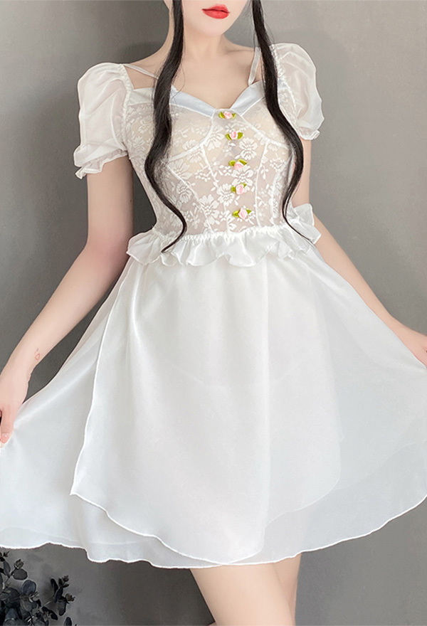 Sexy Lingerie Dress - Translucent Lace Ruffle Decorated Short Dress ...