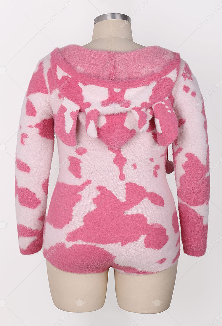 Plus Size Pink Milk Cow Pattern Fluffy Bodycon Romper - Sexy Lingerie ...