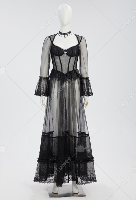 Women Gothic Vampire Style Dress Costume - Black Lace Semi-Transparent ...