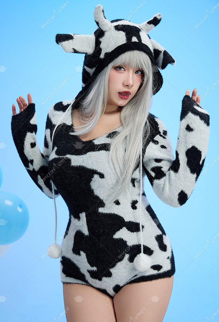 Fluffy Homewear Bodycon Romper - Cow Pattern Hooded Bodysuit | Top ...