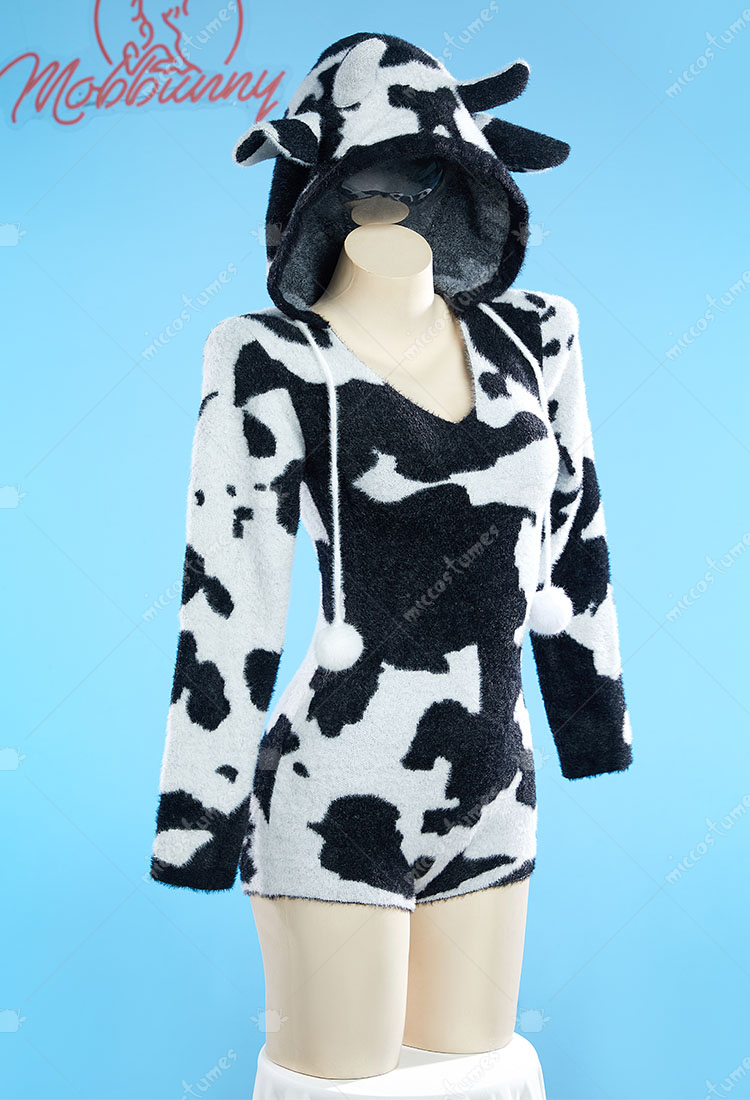 Fluffy Homewear Bodycon Romper - Cow Pattern Hooded Bodysuit | Top ...