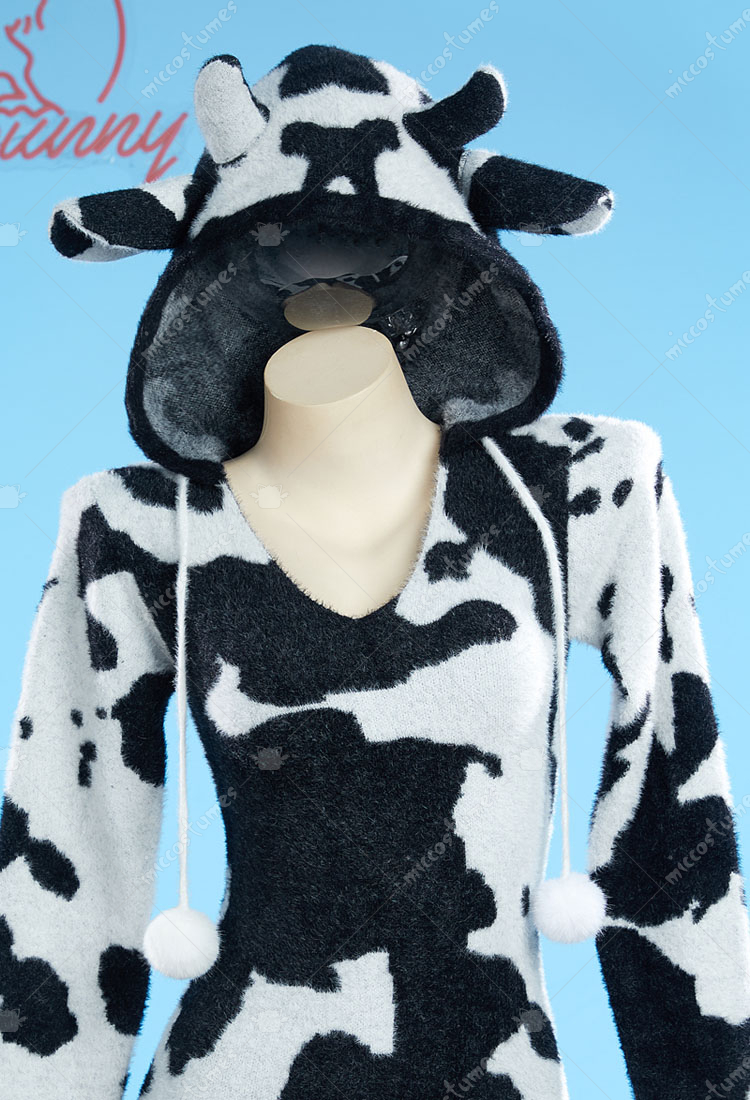 Fluffy Homewear Bodycon Romper - Cow Pattern Hooded Bodysuit | Top ...