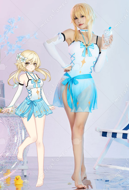 Lumine Derivative One Piece Swimsuit Genshin Impact Halter Side Lace Up Swimwear With Sleeves