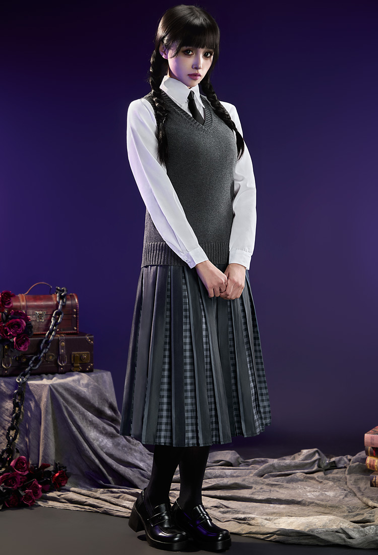 Wednesday Addams Black Gray Striped School Uniform - Cosplay Costume ...